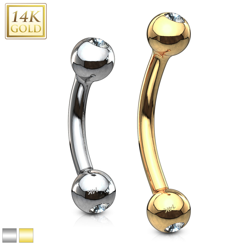 14K Solid Yellow/White gold curved barbell with Top and bottom CZ (3MM ...